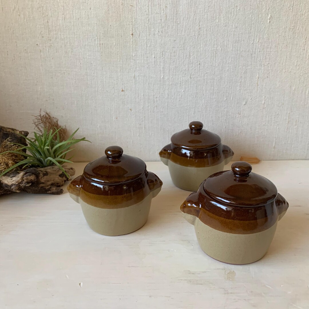 Vintage Lion’s Head Three Tone Crock - Brown Stripes Lided Mini Terra ...