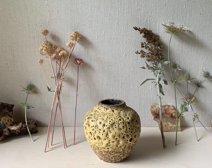 Vintage Lava Texture Ochre Pottery Vase - Earthy Yellow Speckled ...