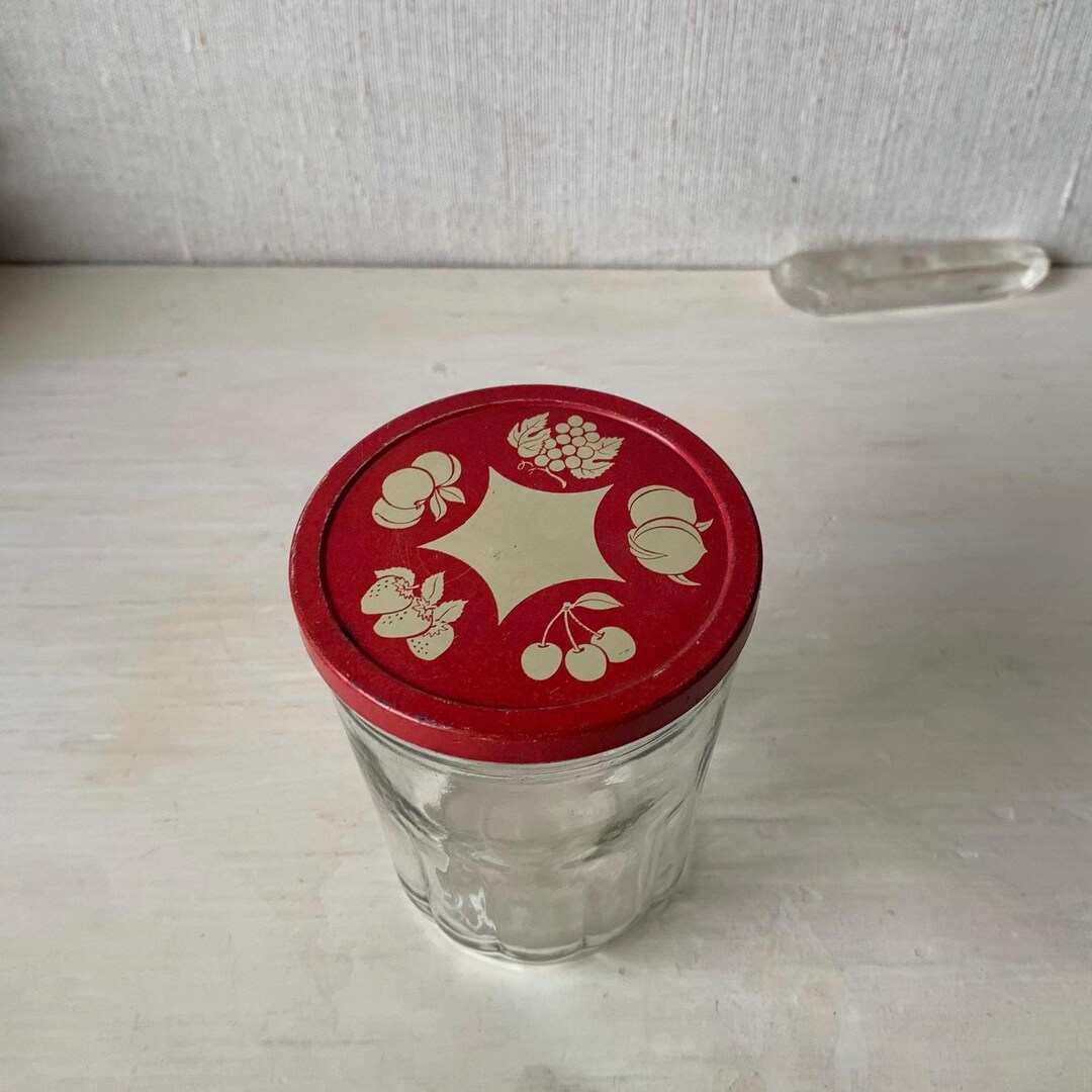Vintage Fruit Jelly Jar - Canning Jar With Fruity Lid - Fruits on Red ...