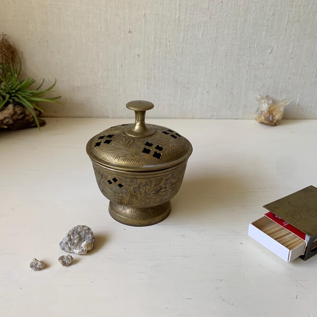 Vintage Brass Incense Burner With Vents and Incising - Incised Golden ...