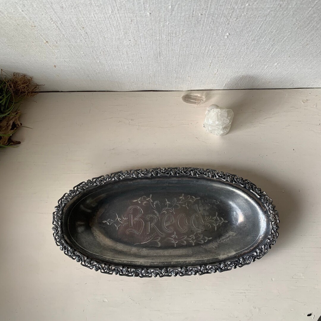 Antique Silver Plated Bread Tray With Gothic Embossed Lettering - 1800s ...