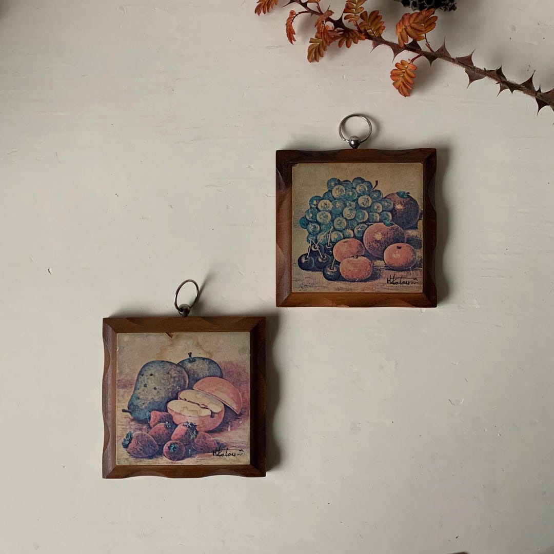 Vintage Fruit Wood Wall Plaque Pair 1970s Wood Decoupage Plaques With ...