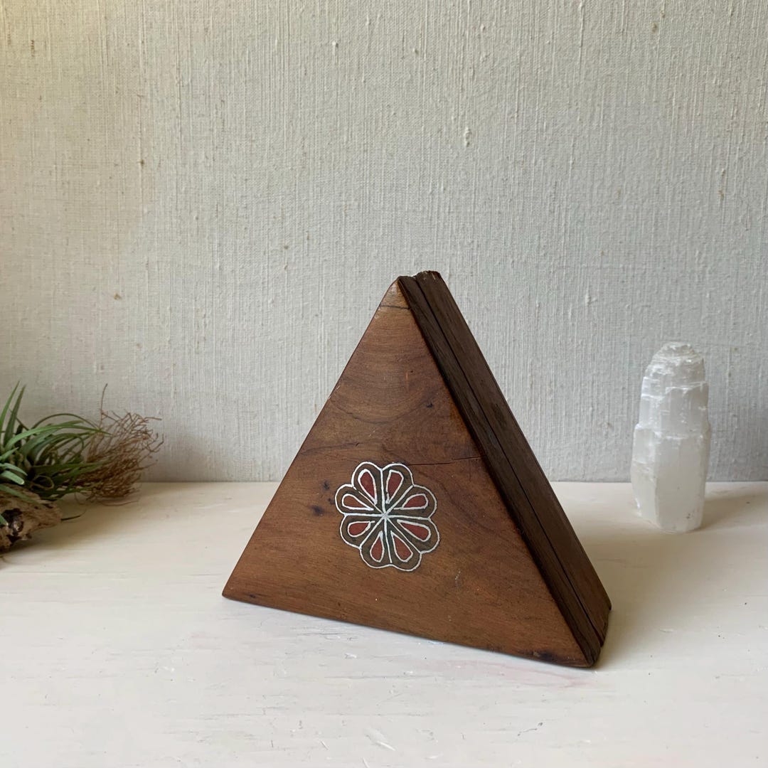 Vintage Triangular Wood Box Hinged Wooden Box Triangle Shaped Jewelry ...