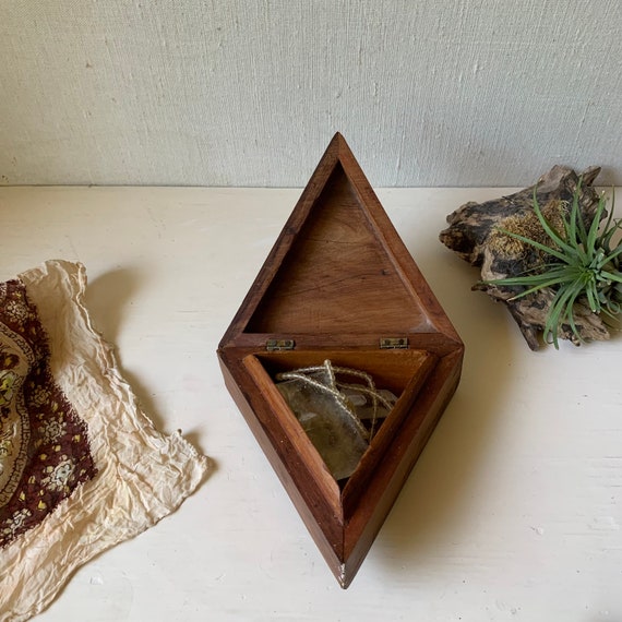 Vintage Triangular Wood Box - Hinged Wooden Box - Tri… - Gem