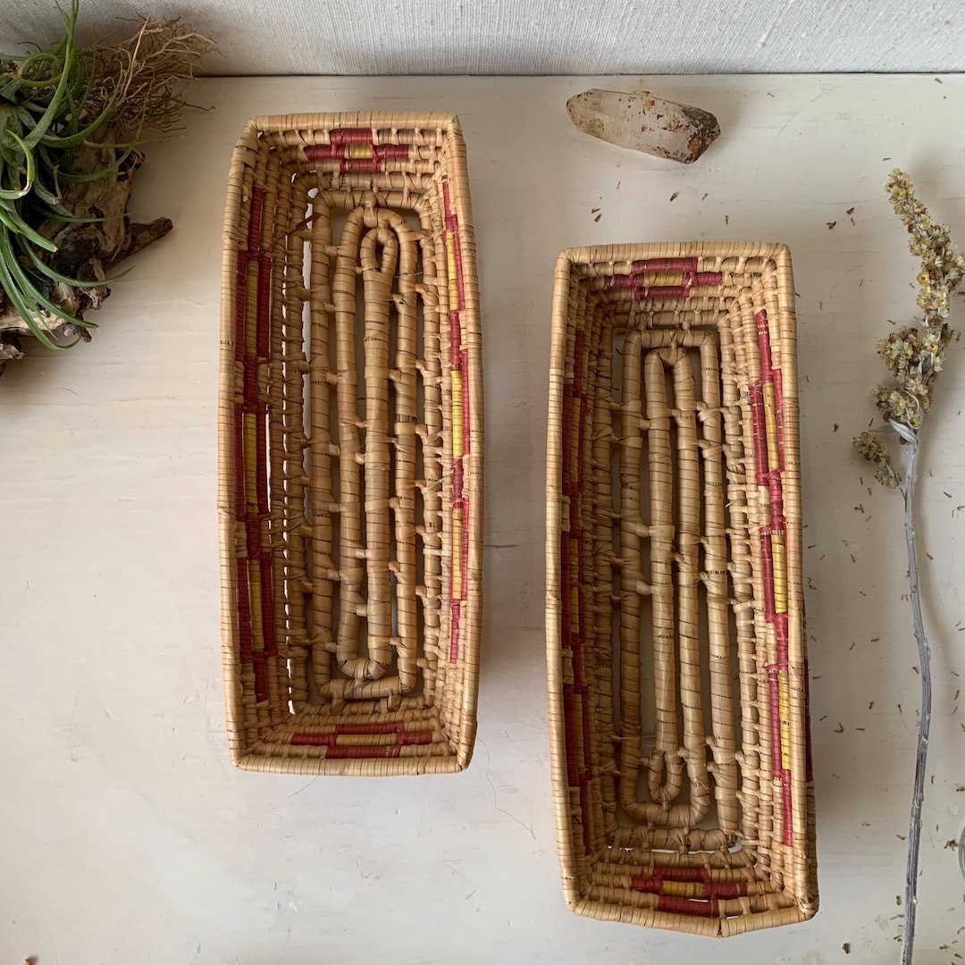 Vintage Basket Trays 2 - Long Colorful Natural Muted Colors Woven ...