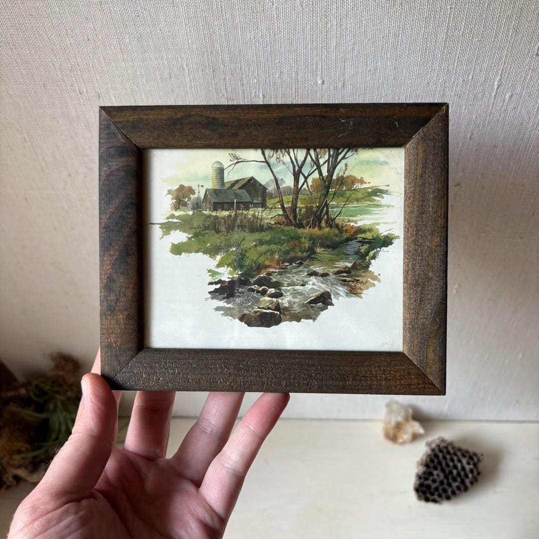 Vintage Framed Landscape Print - Small Wood Frame - Dark Wooden Frame ...