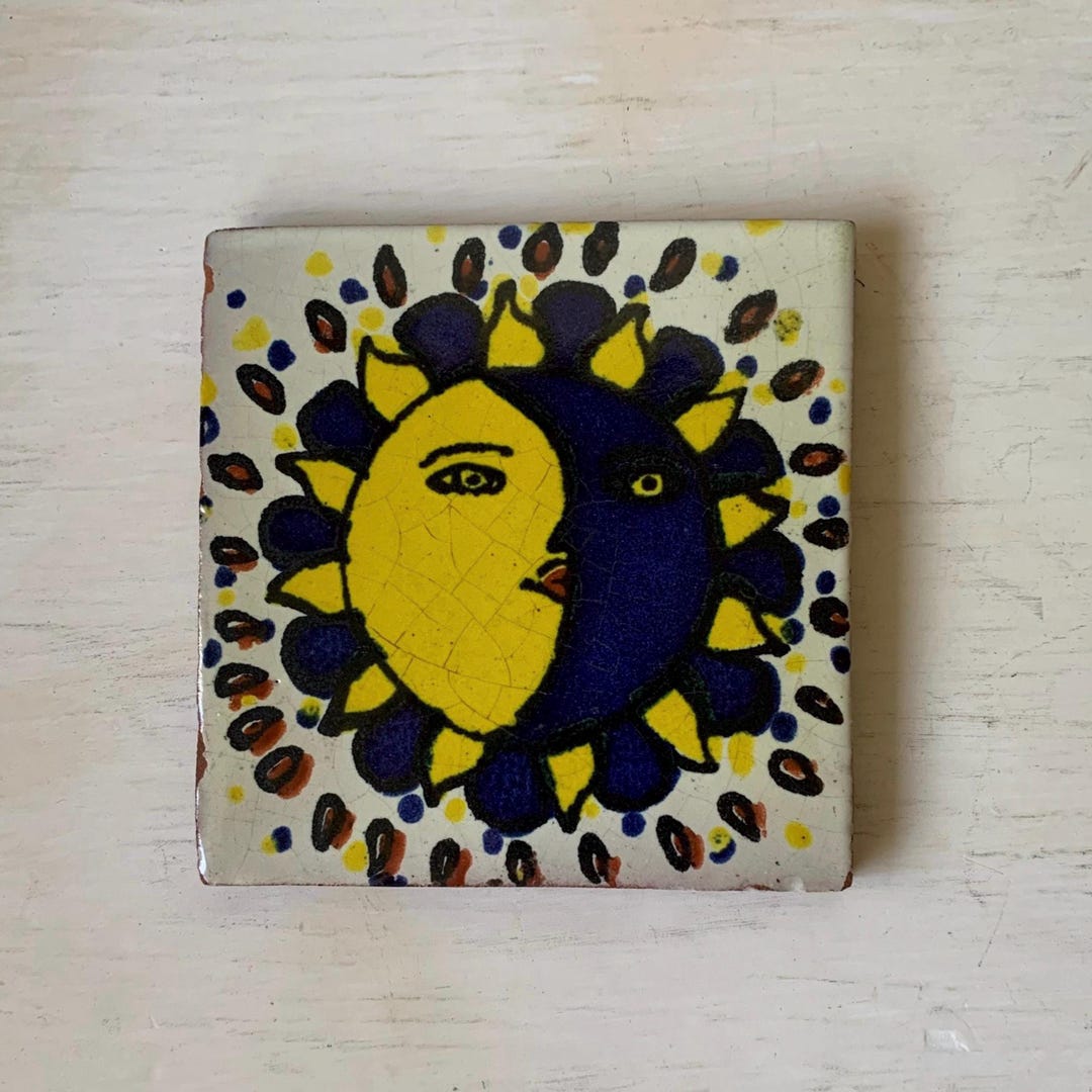 Vintage Sun and Moon Tile - Terra Cotta Glazed Mexican Tile Celestial ...