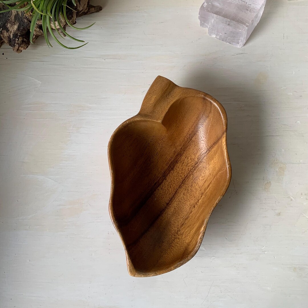 Vintage Leaf Shaped Wood Bowl - Monkey Pod Botanical Leafy Catchall ...