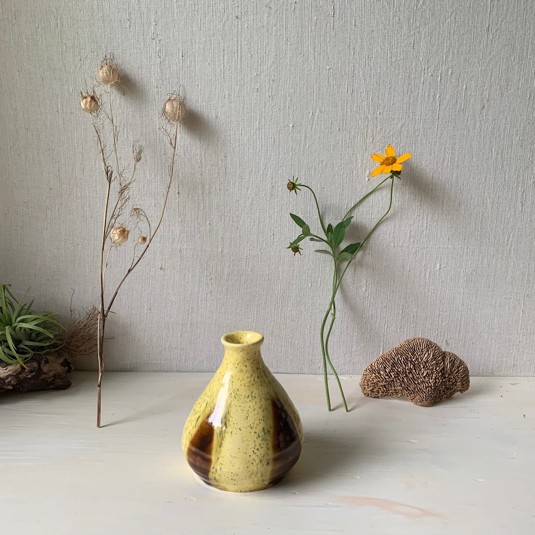 Vintage Mid Century Vase - Yellow and Brown Speckled Earthy Flower Vase ...