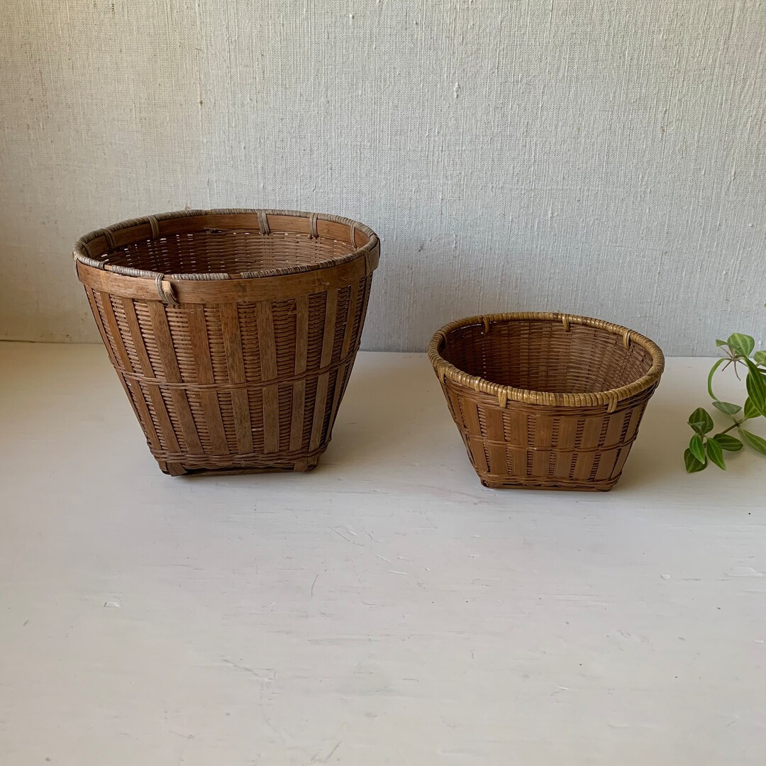 Vintage Bamboo Baskets Nesting Mismatch Pair Woven Natural Cache Pots ...