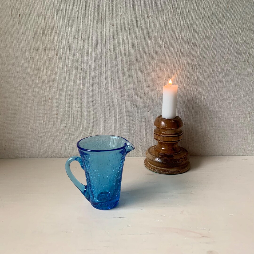 Vintage Blue Glass Crackled Pitcher - Crackle Glass Bright Blue ...