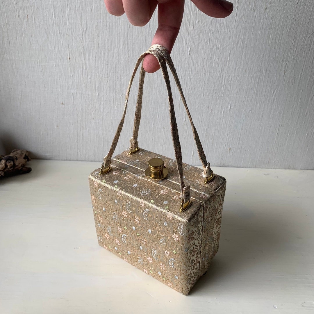 Vintage Brocade Boxy Purse Fabric Covered Gold Tone Threads Handbag 60s ...