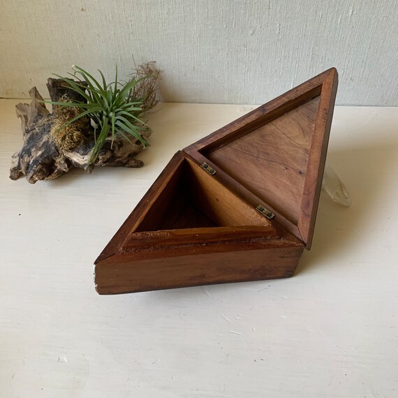 Vintage Triangular Wood Box - Hinged Wooden Box - Tri… - Gem