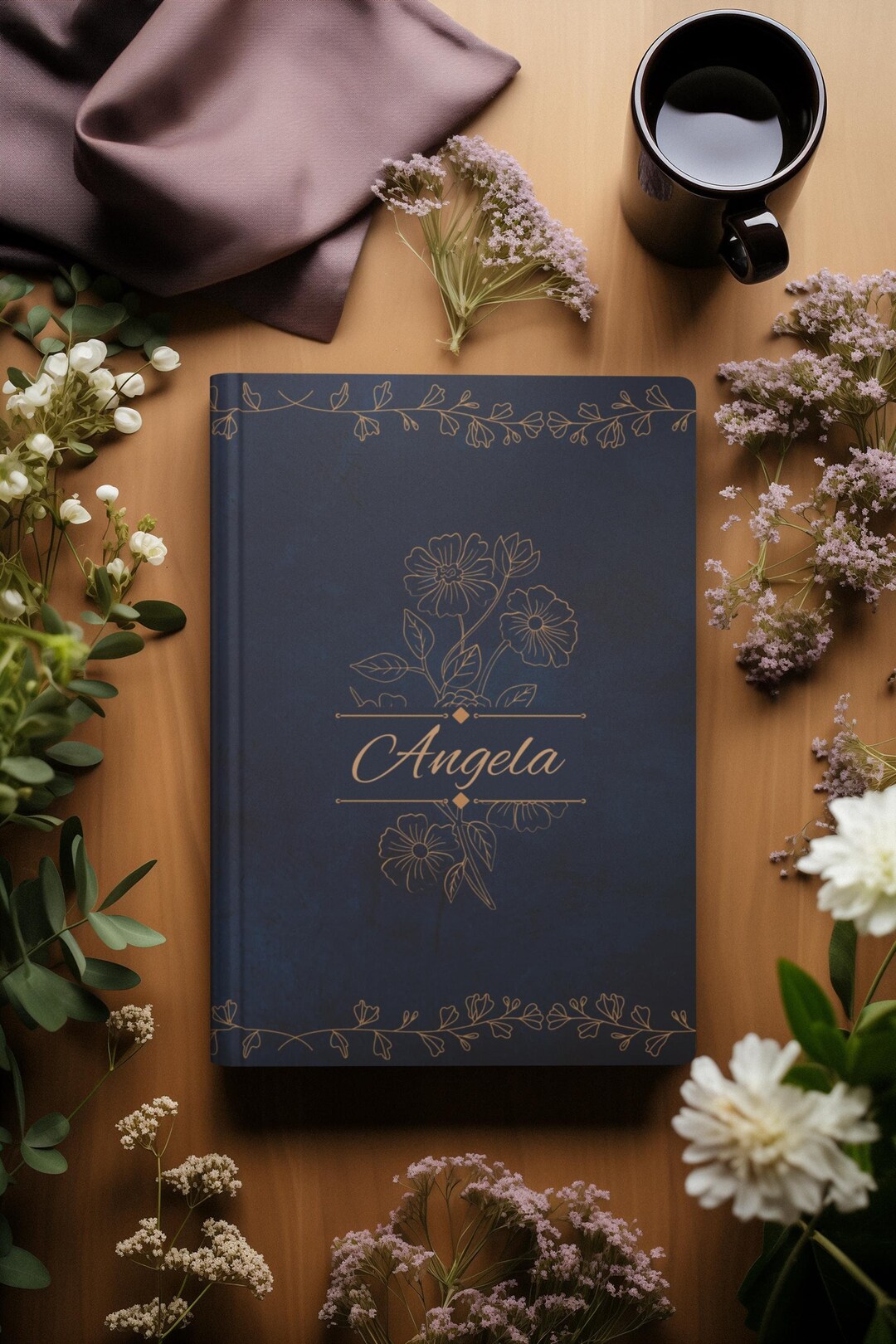 Blue and Gold Floral Hardcover Journal Matte - Personalized Writing ...