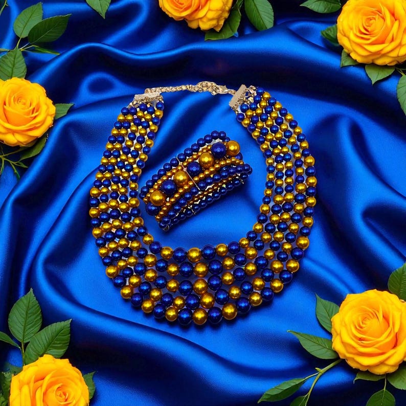 Blue and Yellow (sigma Gamma Rho) Multilayer Pearl Necklace Set - Etsy