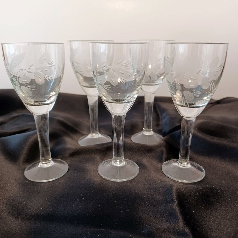 1960s Aperitif Glasses Cordial Glasses Vintage Aperitif Etched Glassware Set Of 5 1960s