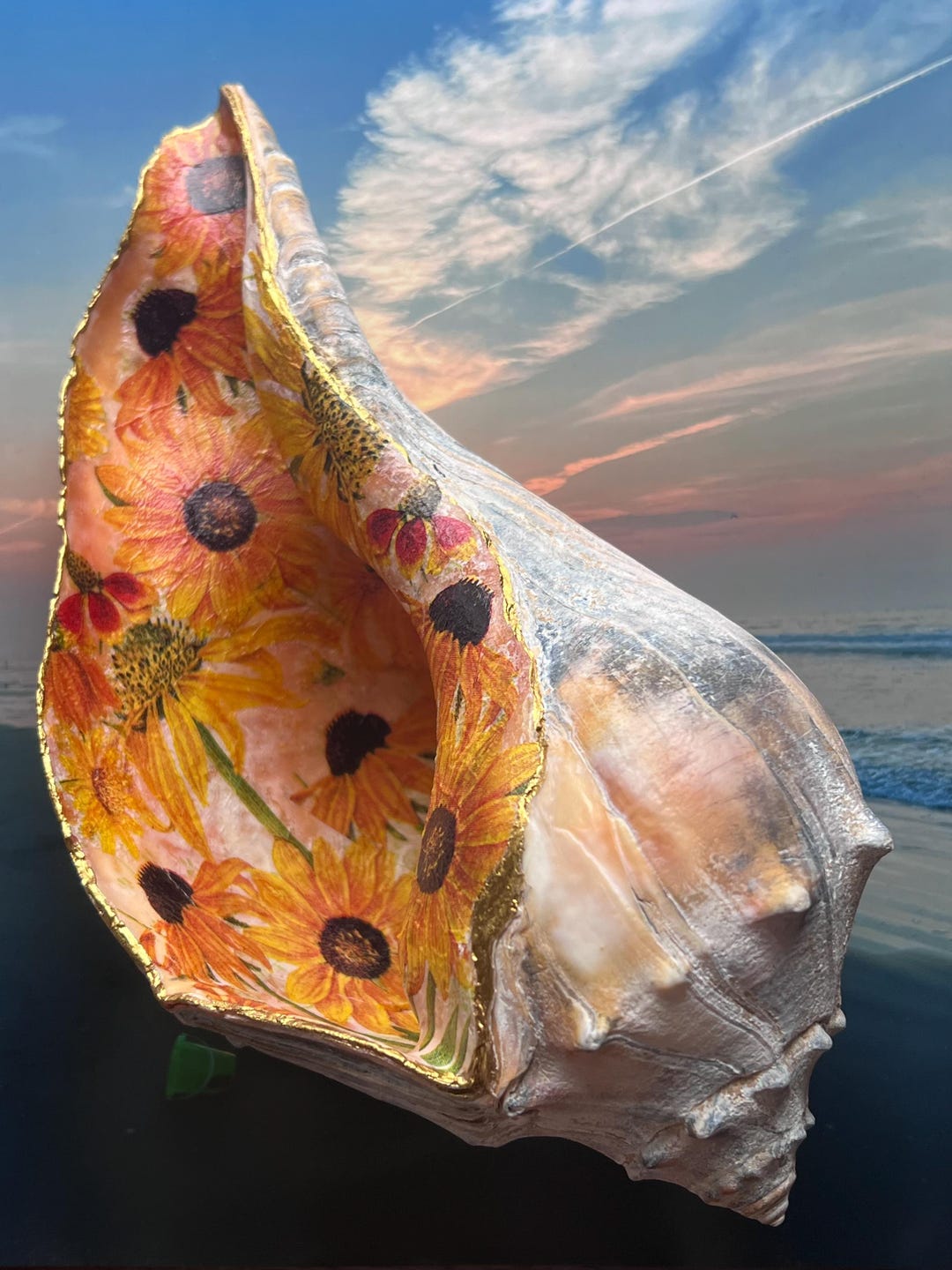 Decoupaged Whelk Shell With Sunflowers, Hand Painted Gold Trim, Coastal ...