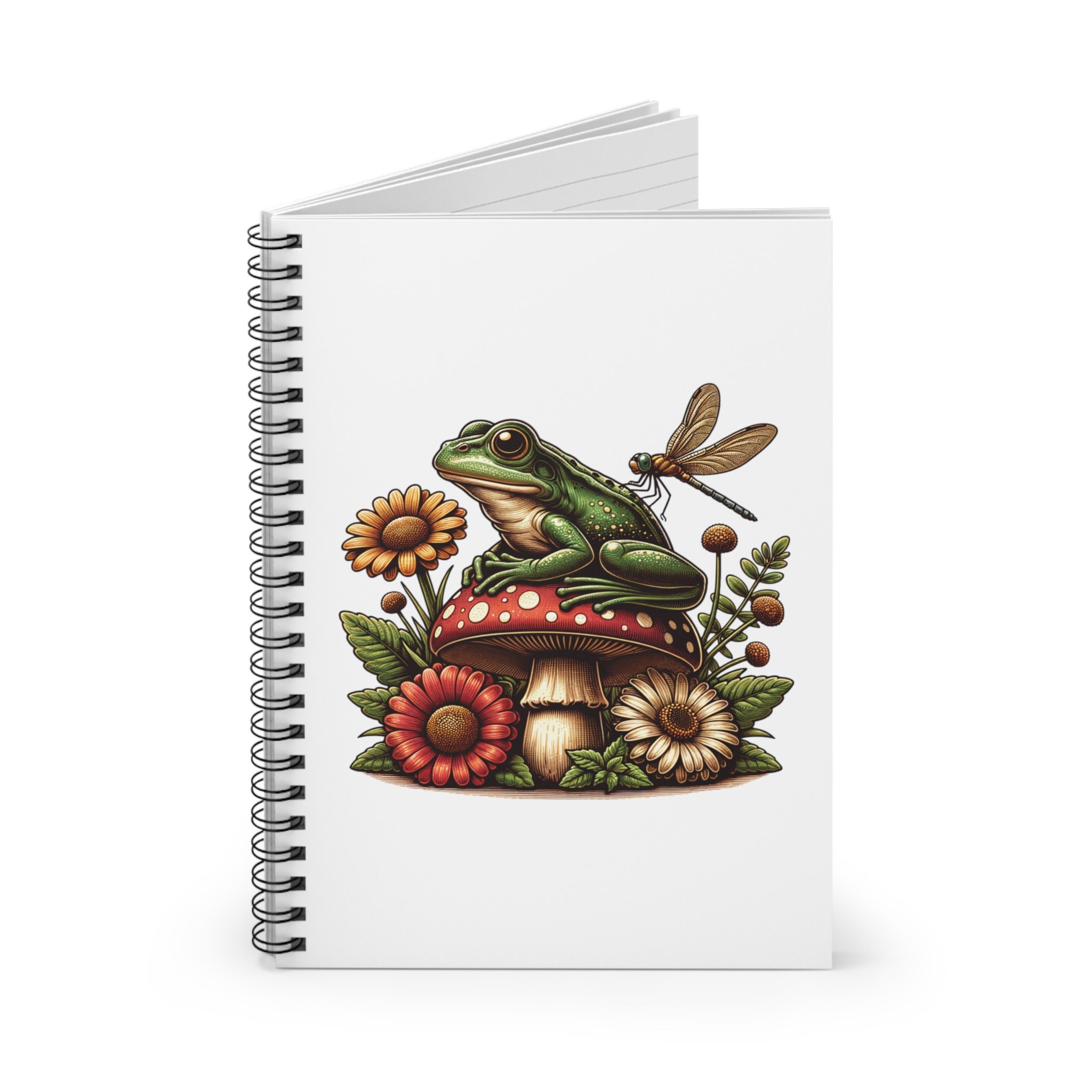 Spiral Notebook - Frog Sitting on Mushroom Wit Dragonfly and Flowers ...