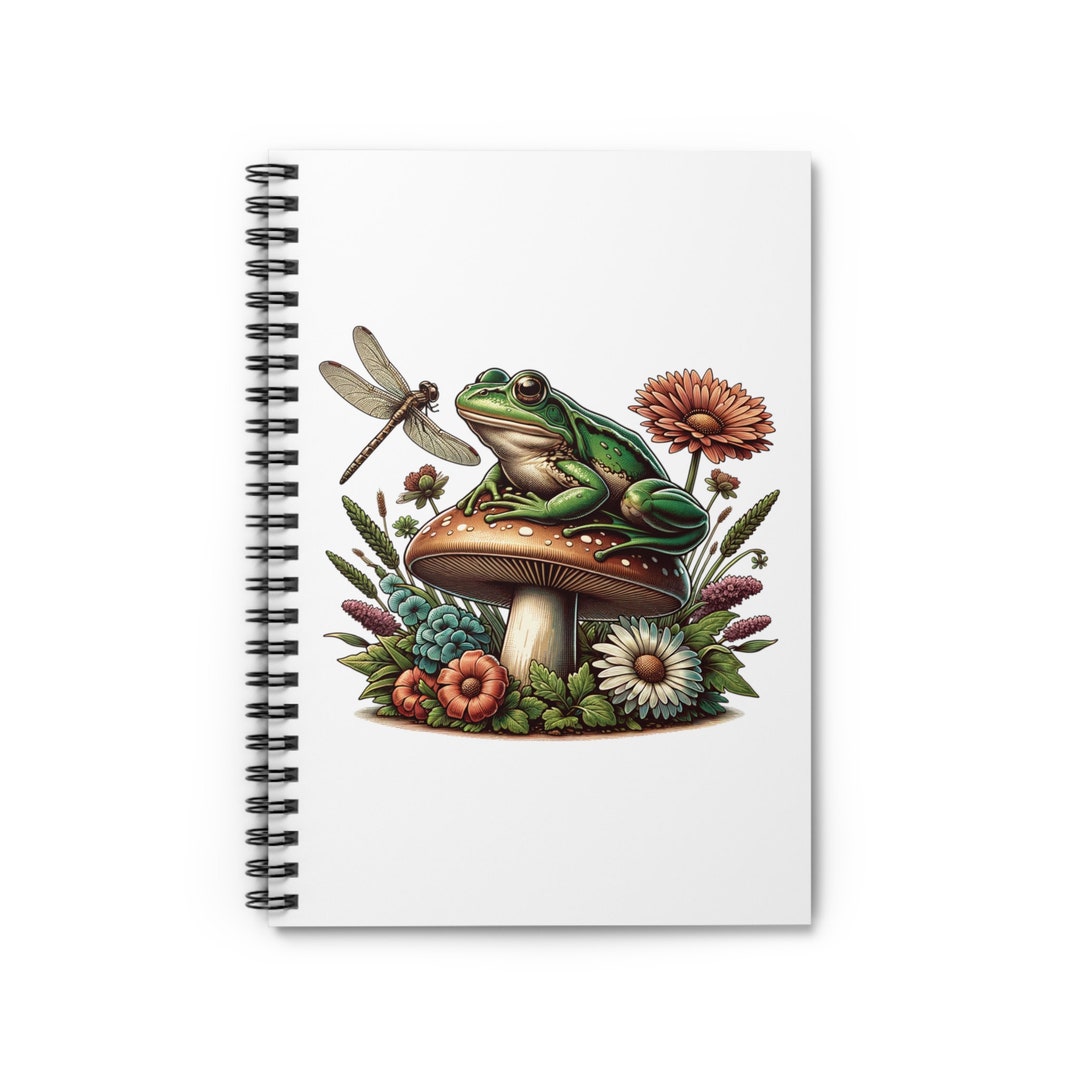 Spiral Notebook Frog Sitting on Mushrooms With Dragonfly and Flowers ...