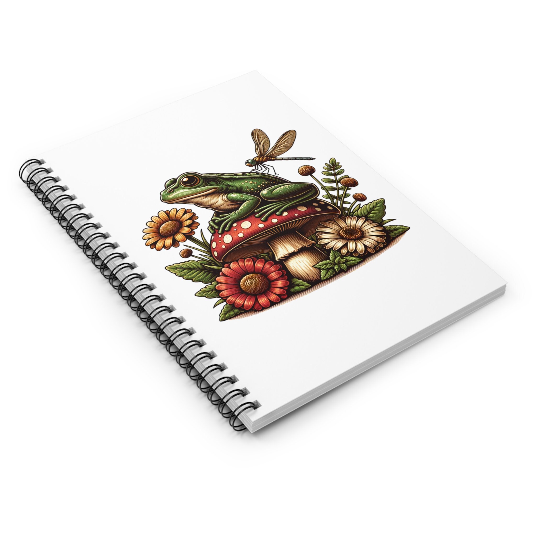 Spiral Notebook - Frog Sitting on Mushroom Wit Dragonfly and Flowers ...