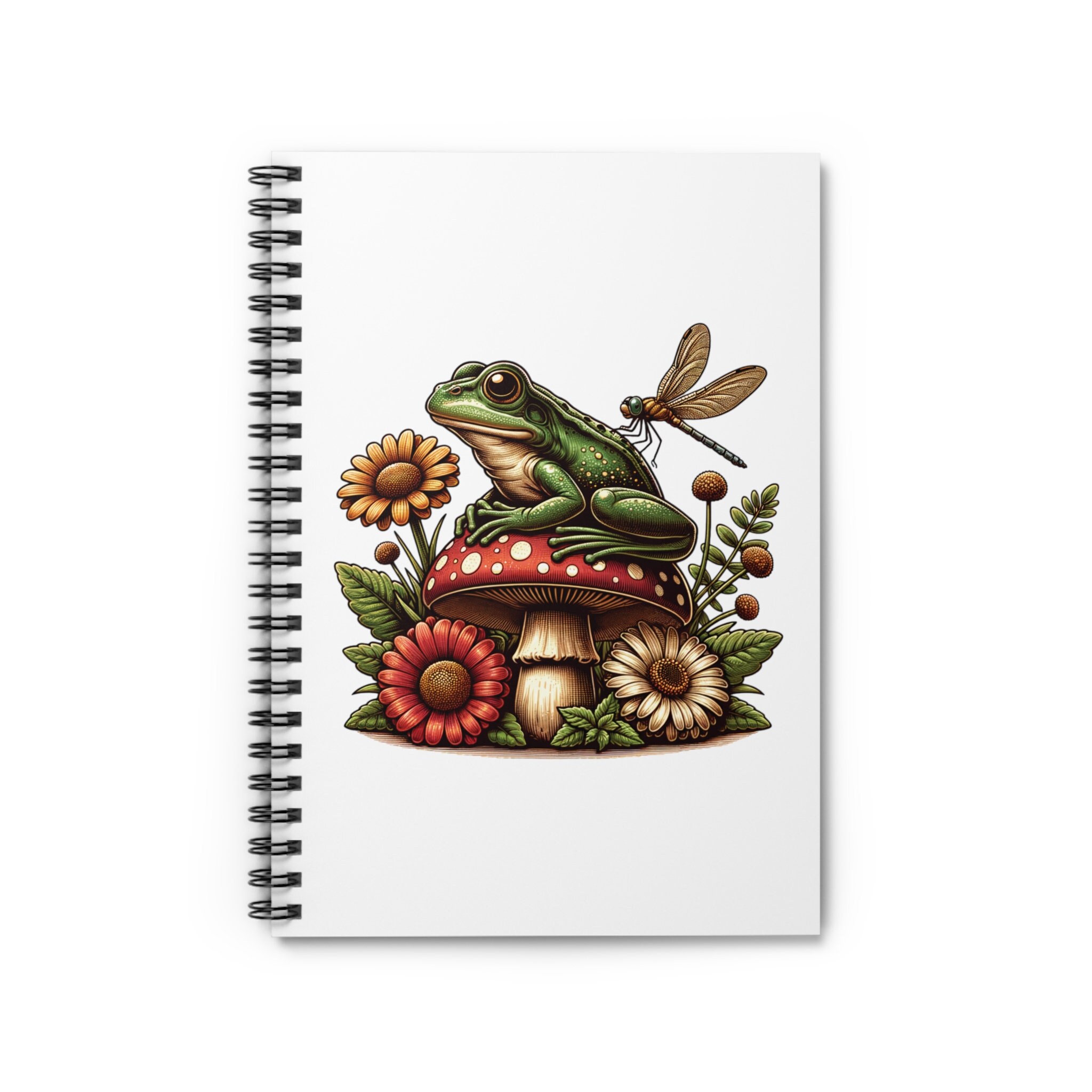Spiral Notebook - Frog Sitting on Mushroom Wit Dragonfly and Flowers ...