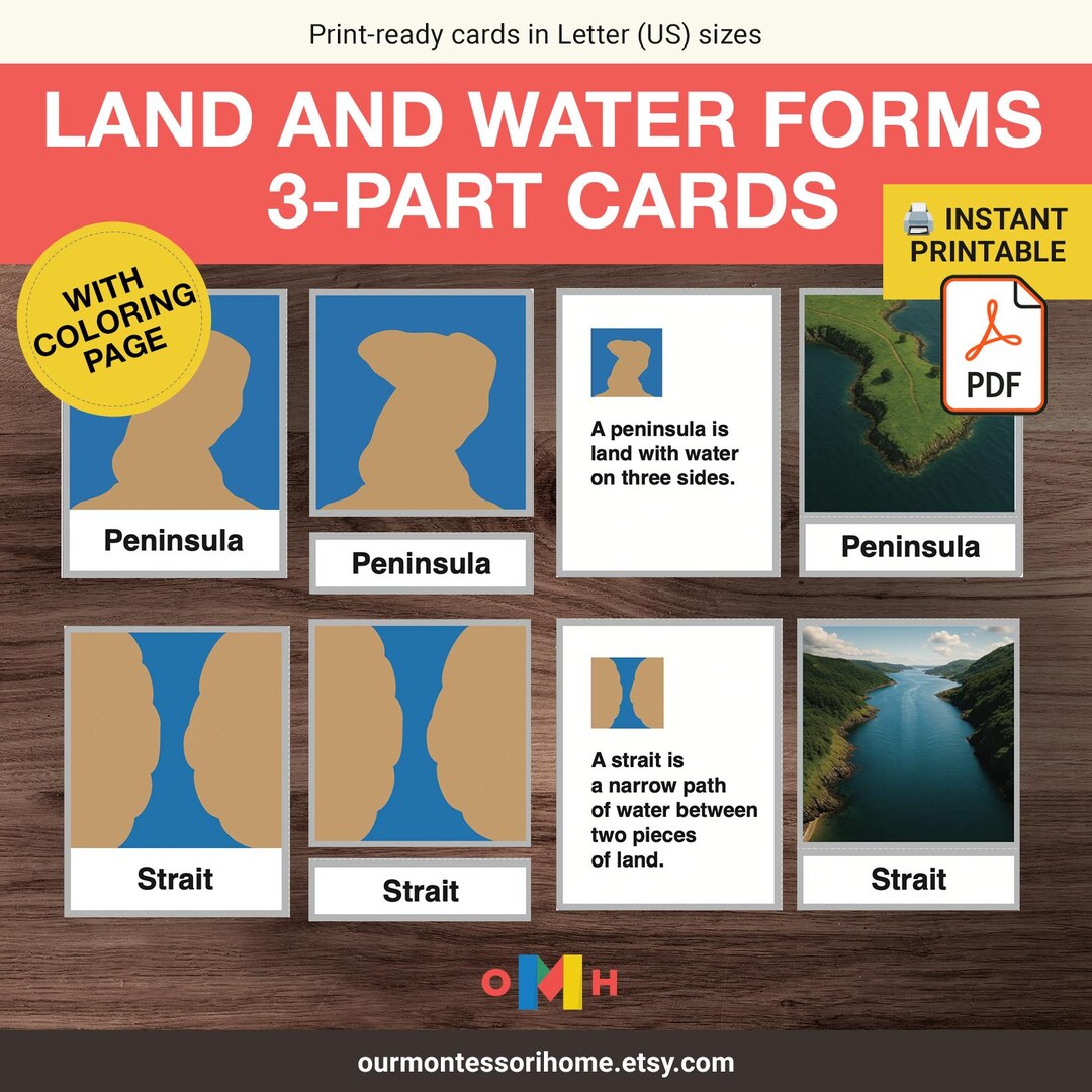 Montessori Land and Water Forms Flash Cards: Printable Geography ...