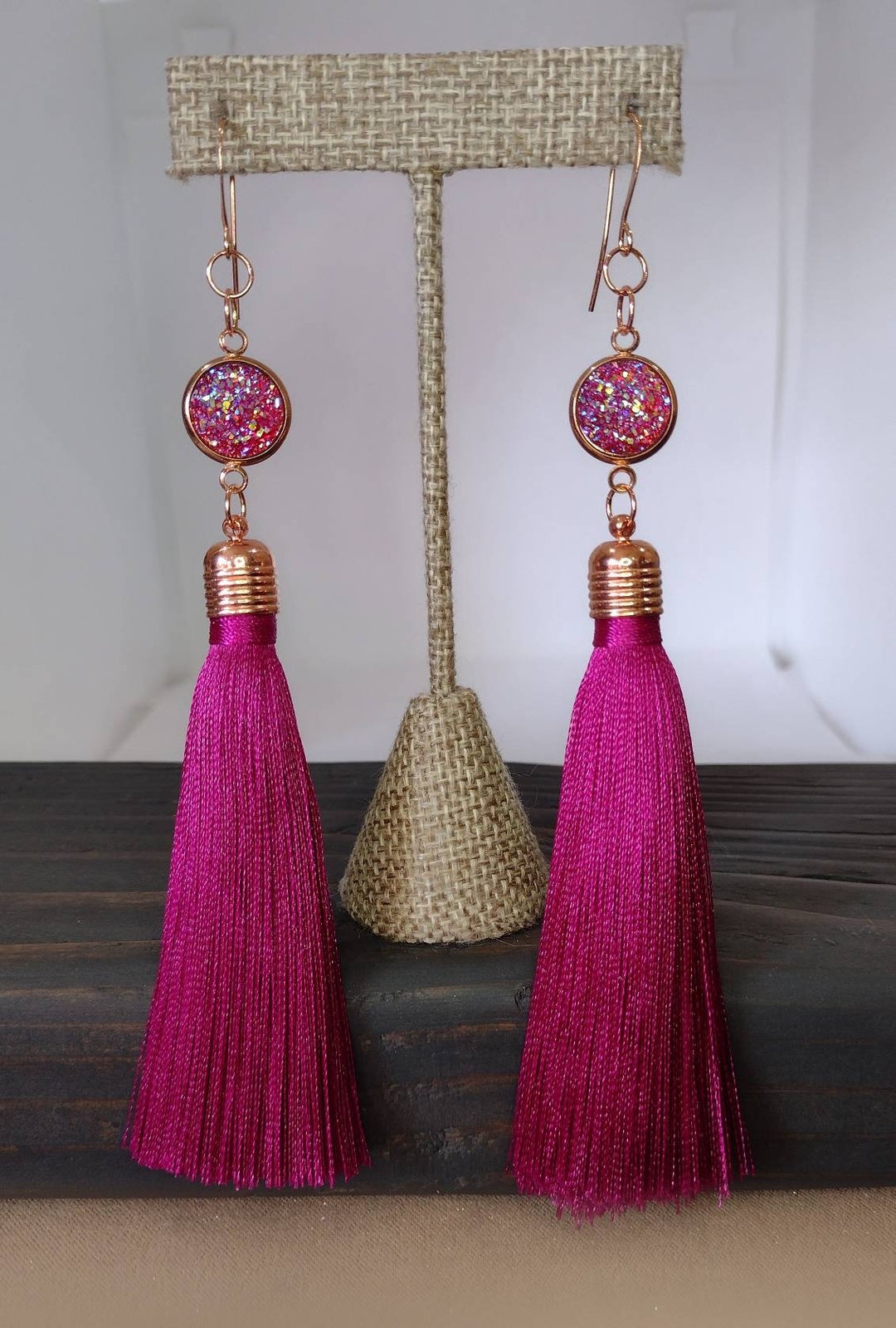 Boho Magenta Fuchsia Pink Rose Gold Plated Simulated Agate Druzy Quartz ...