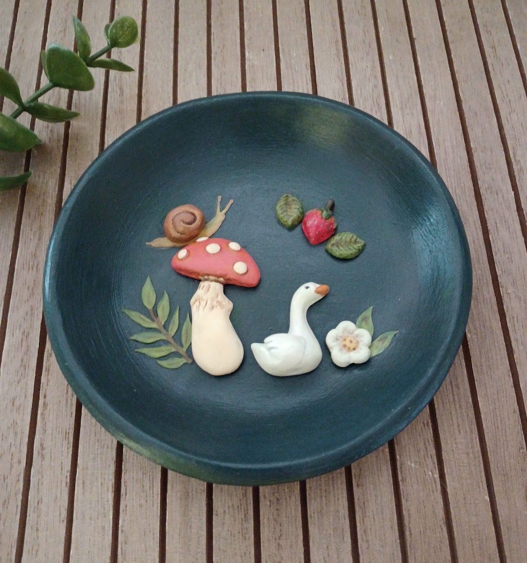 MUSHROOM TRINKET DISH, Cottagecore Dish, Dark Green, Snail, Duck ...
