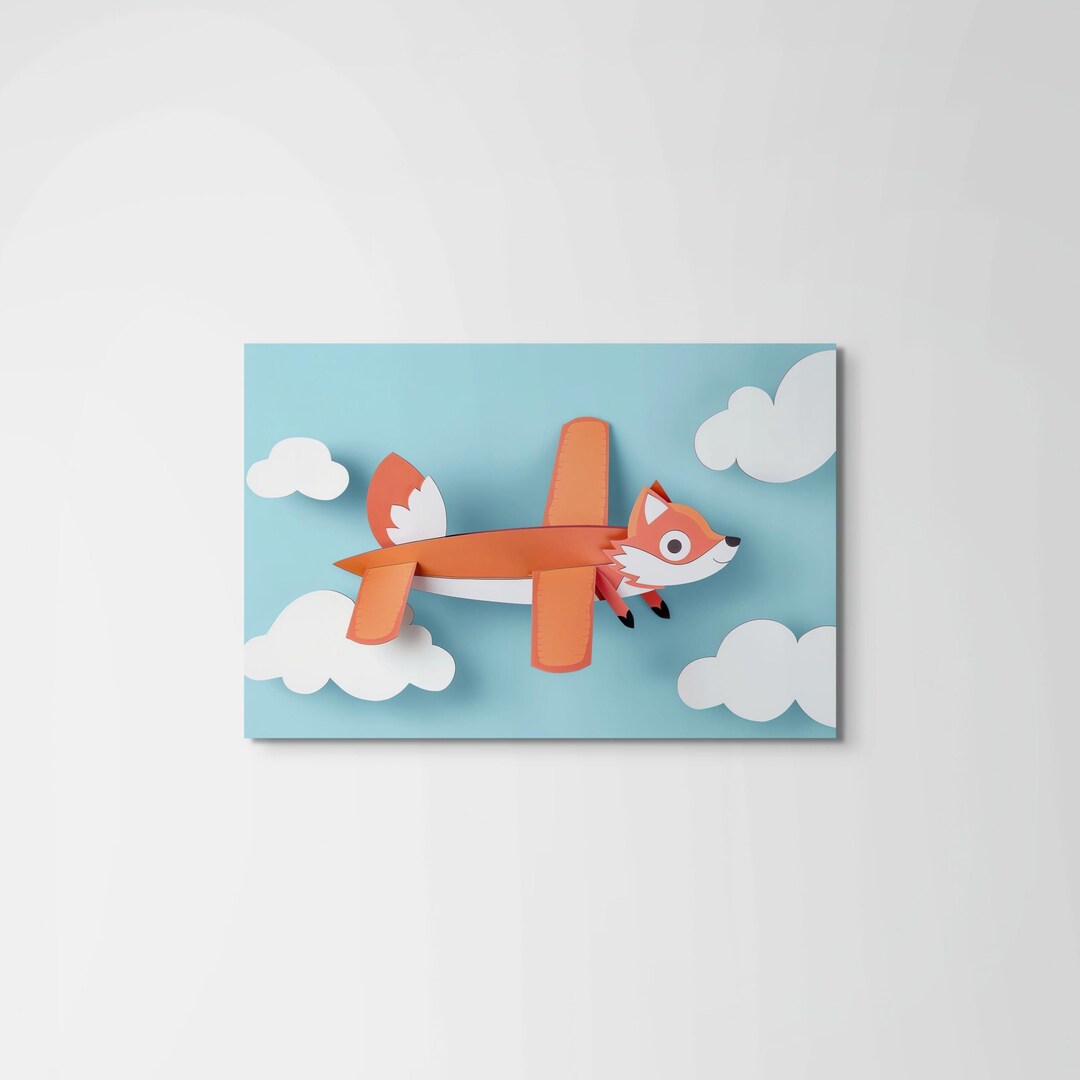 Kids Cartoon Fox Airplane Paper Cut Style Canvas Wall Art Nursery Decor ...
