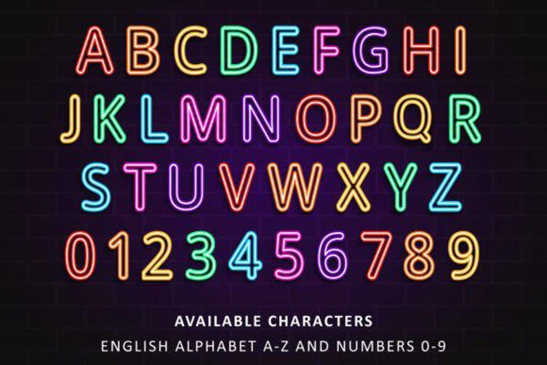 Neon Colored Font, Bright Neon Letters, Glow Effect Font, Digital ...