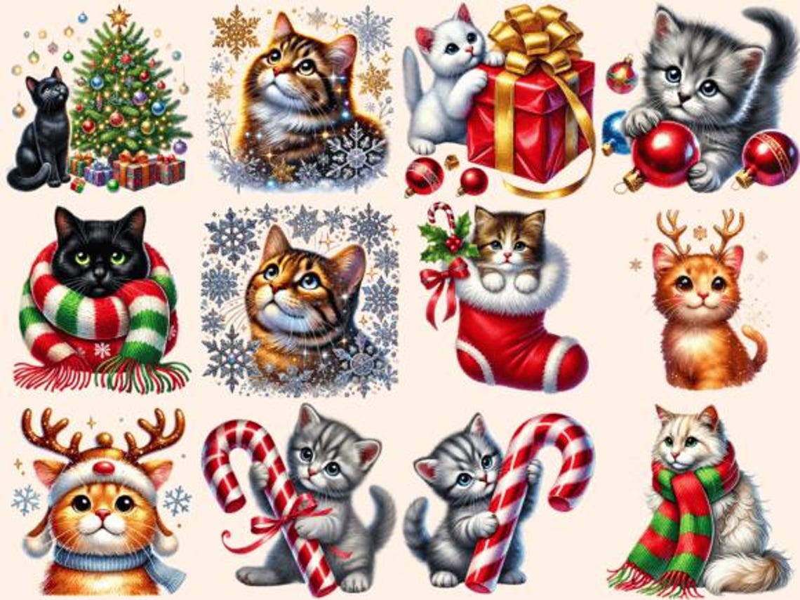 Christmas Cats Clipart P1 - Etsy
