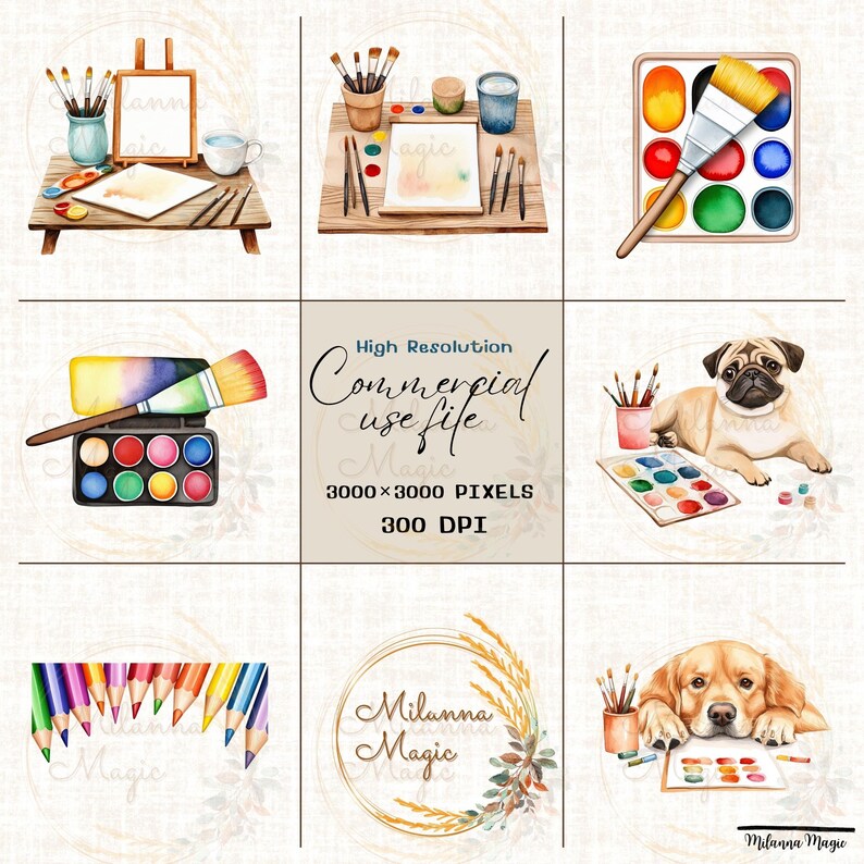 Watercolor Art Supplies Clipart Set | School Clipart Png Bundle ...