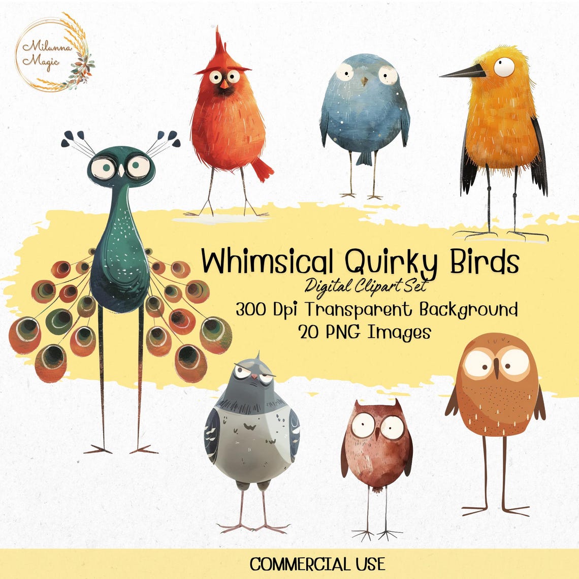 Whimsical Quirky Birds Clipart Set | Cartoon Style Illustrations for ...
