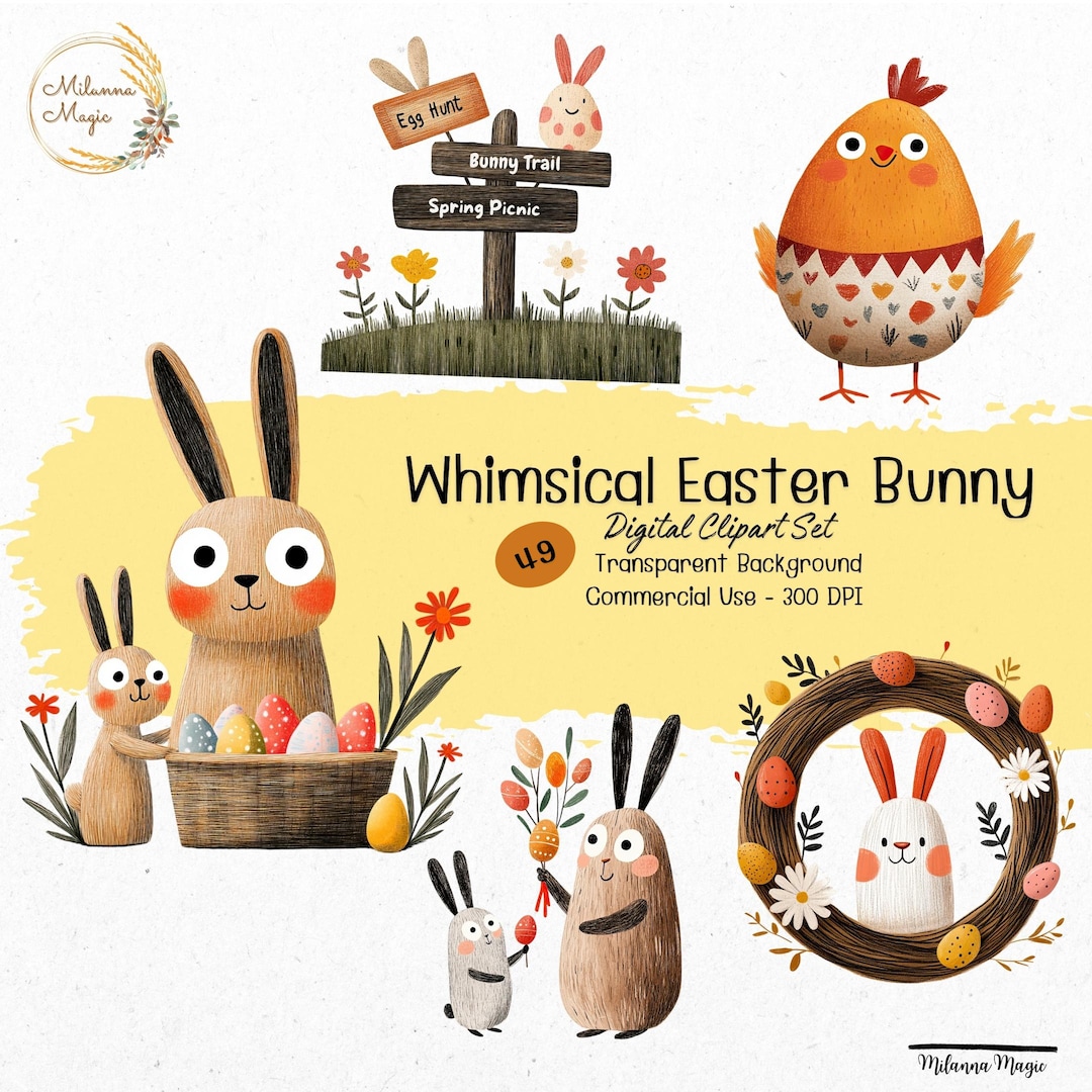 Easter Bunny Clipart Bundle, Cute Spring Bunny PNG, Whimsical Easter ...