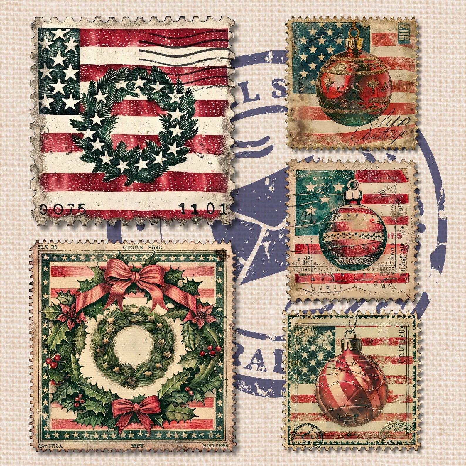 Vintage Christmas Stamp and Postage Clipart Bundle |34 Pngs for Junk ...
