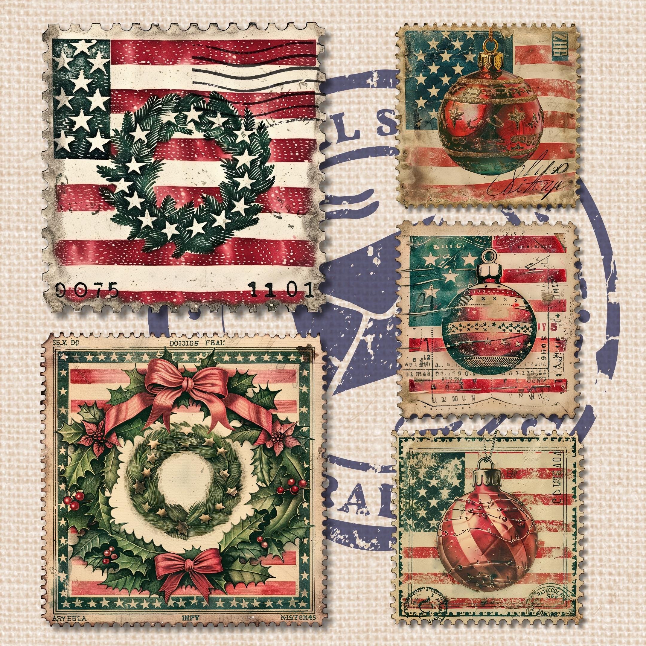 Vintage Christmas Stamp and Postage Clipart Bundle |34 Pngs for Junk ...