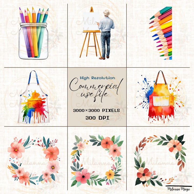Watercolor Art Supplies Clipart Set | School Clipart Png Bundle ...