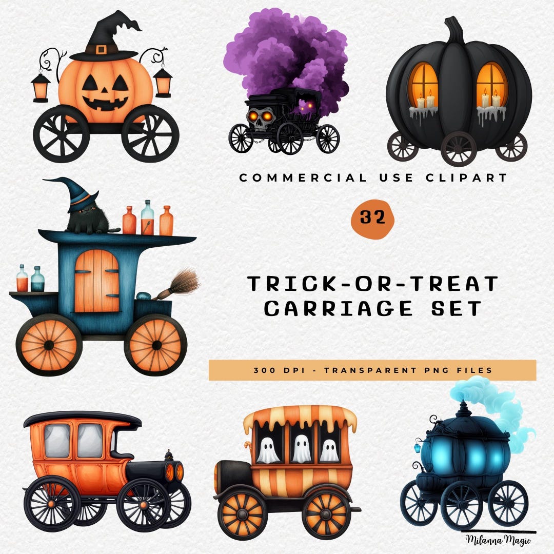 Spooky Cute Halloween Carriage Clipart | Pumpkin Wagon PNG, Witchy ...