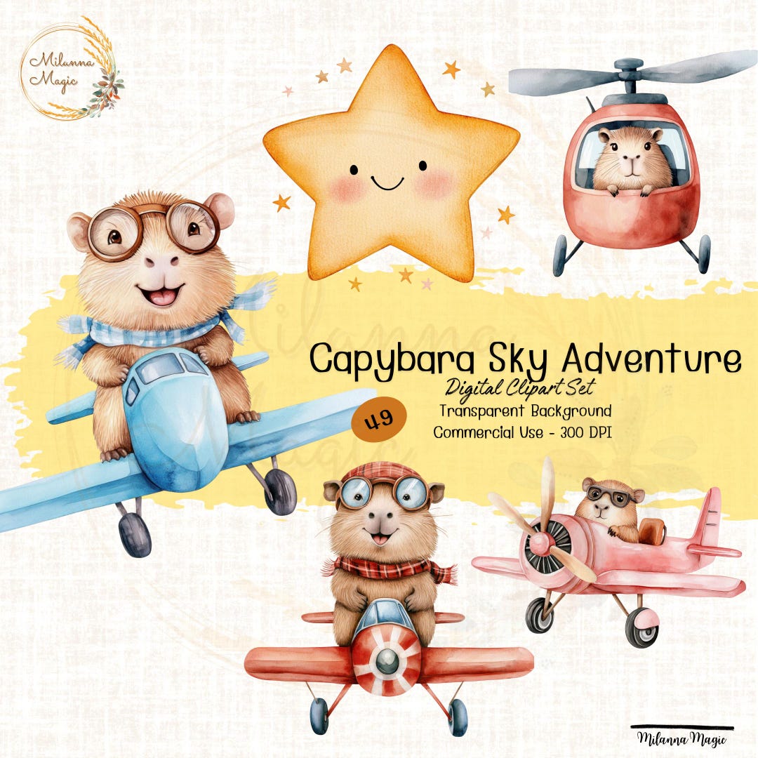 Capybara Aviator Clipart | Cute Pilot Capybara Art | Watercolor Animal ...