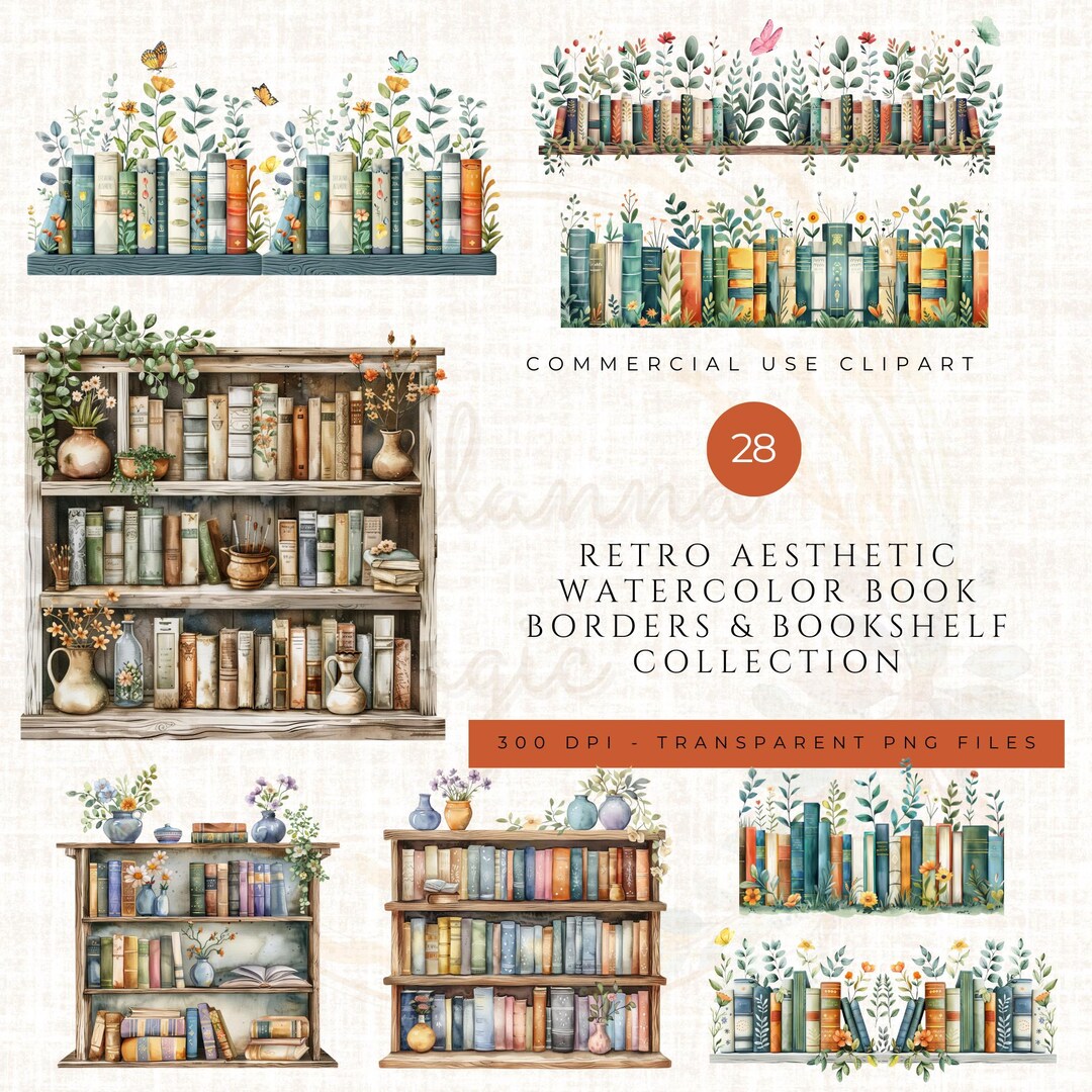 Retro Aesthetic Watercolor Book Borders & Bookshelf Clipart | Vintage ...