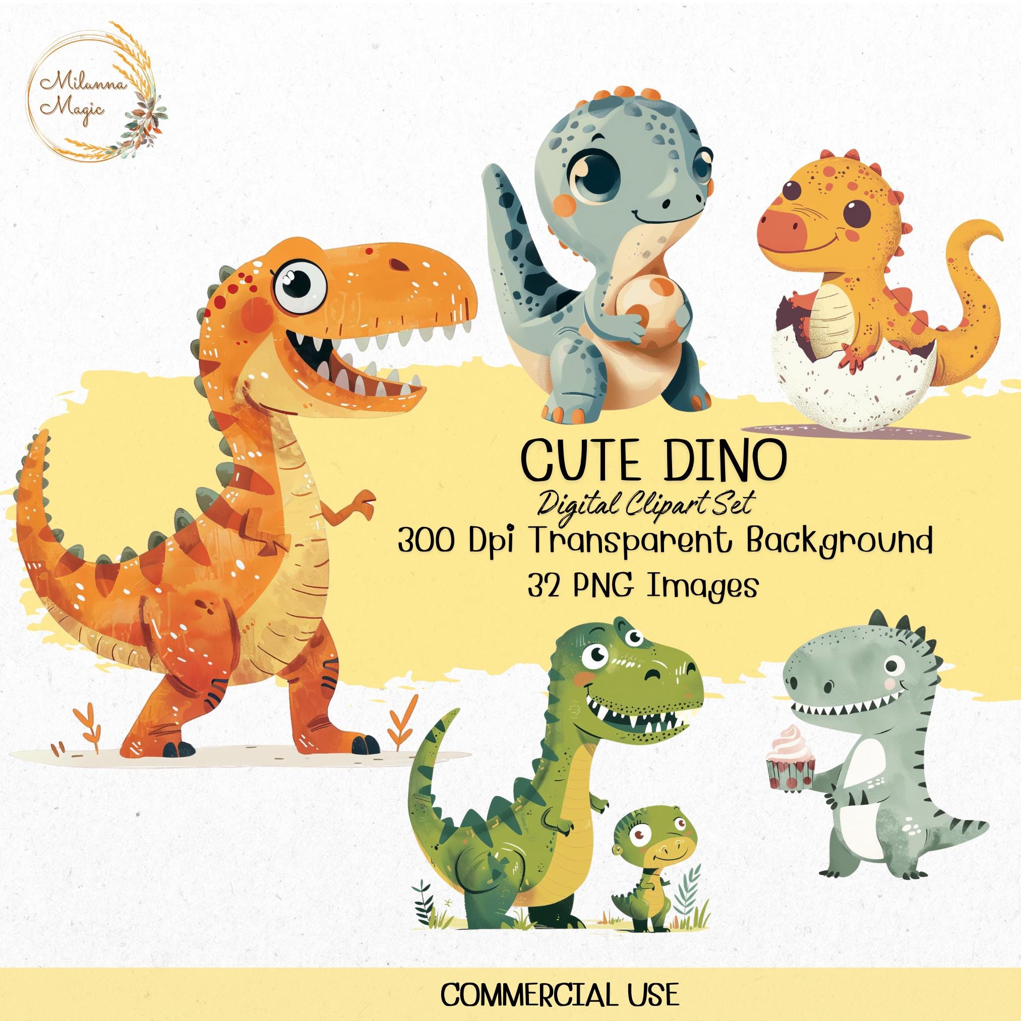 Cute Dinosaur Clipart Set | Adorable Baby Dino Illustrations for Kids ...