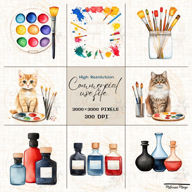 Watercolor Art Supplies Clipart Set | School Clipart Png Bundle ...