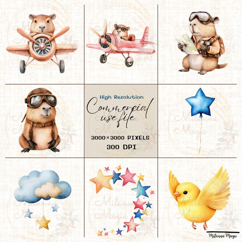Capybara Aviator Clipart | Cute Pilot Capybara Art | Watercolor Animal ...