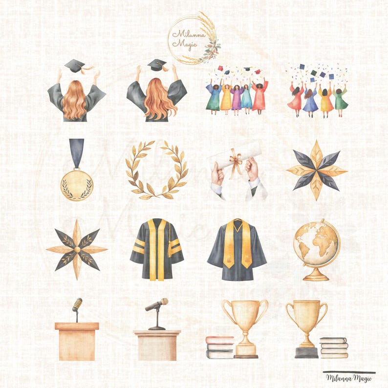 Graduation Clipart Set | Watercolor Graduation Pngs, Schoolmate Clipart ...