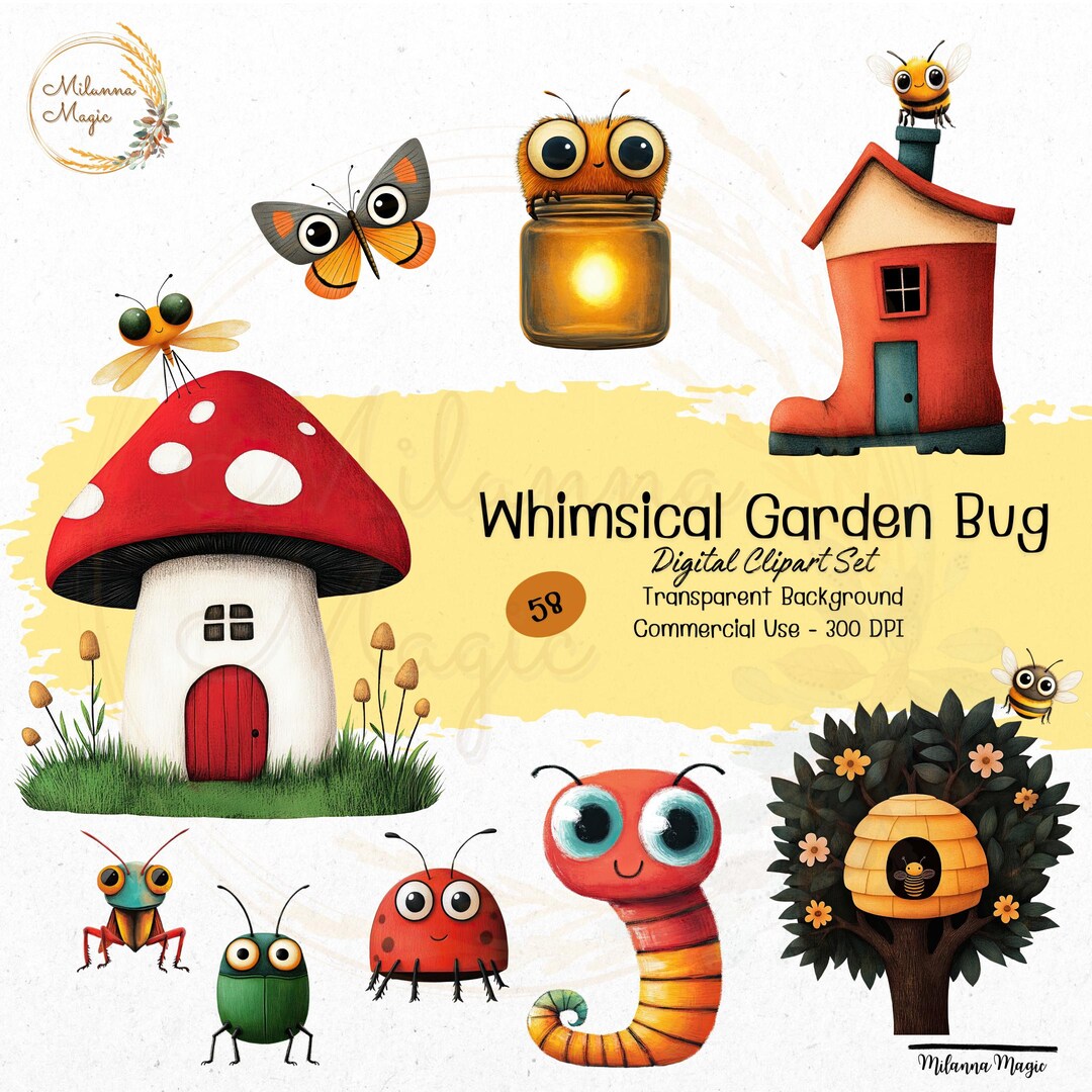 Whimsical Garden Bug Clipart | Watercolor Quirky Insect | Whimsical ...
