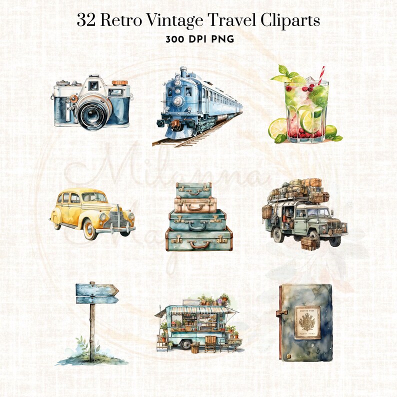Retro Watercolor Travel Clipart Set | 32 Vintage Adventure ...