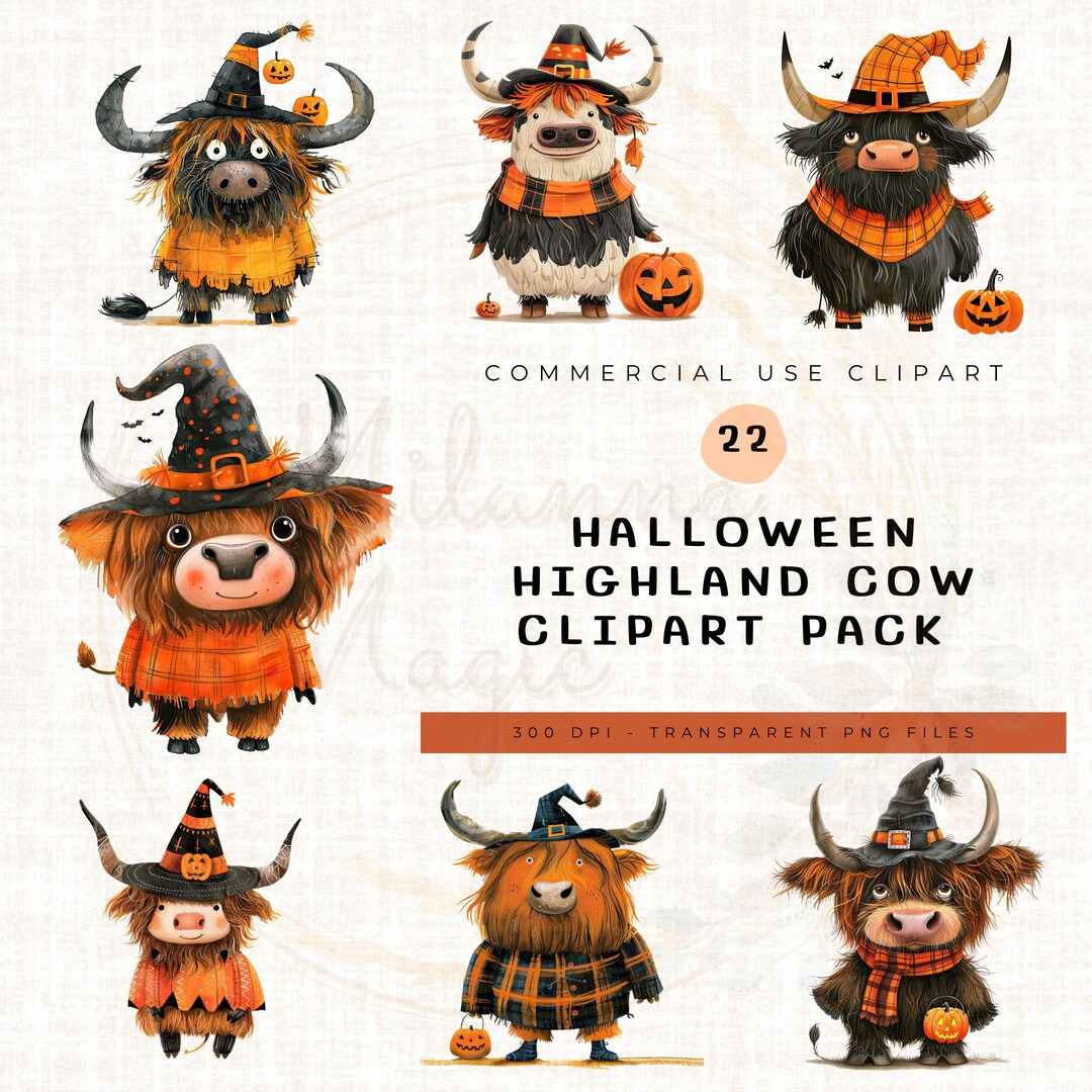 Halloween Highland Cow Clipart Bundle | 22 Quirky Cow Costume Pngs ...