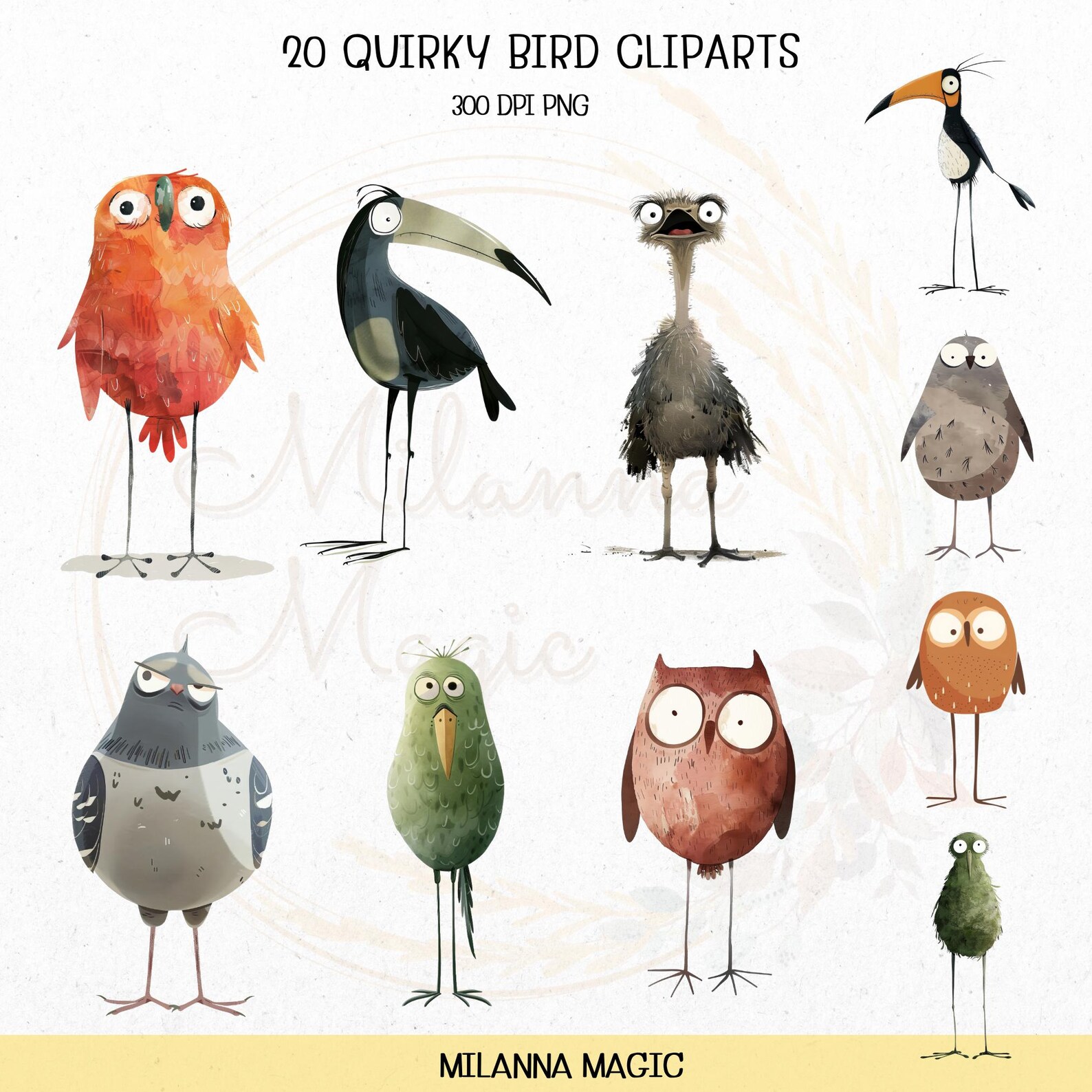 Whimsical Quirky Birds Clipart Set | Cartoon Style Illustrations for ...