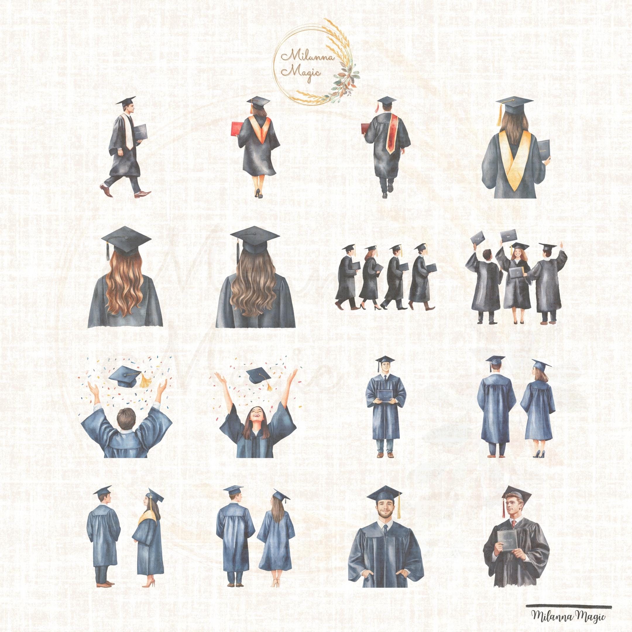 Graduation Clipart Set | Watercolor Graduation Pngs, Schoolmate Clipart ...