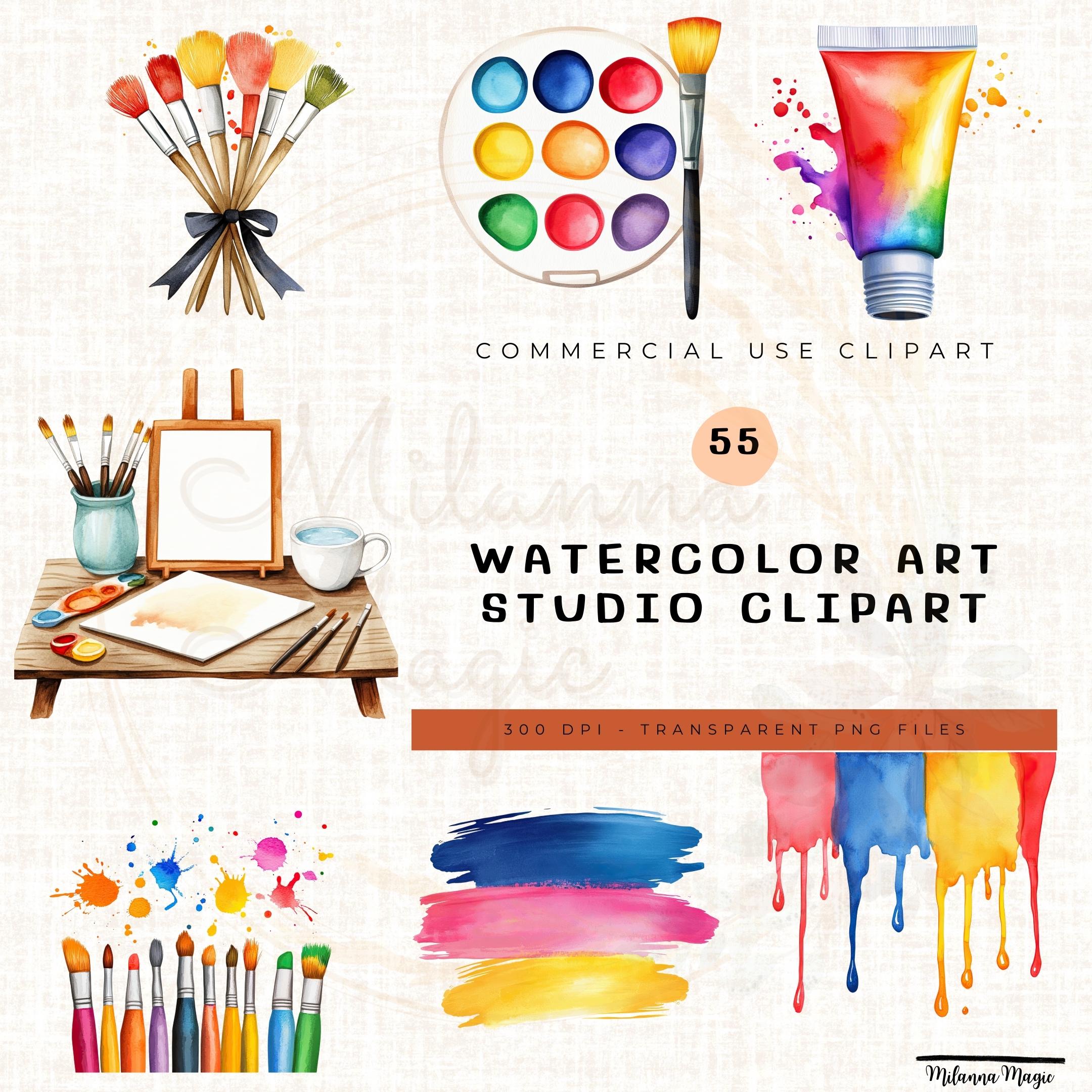 Watercolor Art Supplies Clipart Set | School Clipart Png Bundle ...